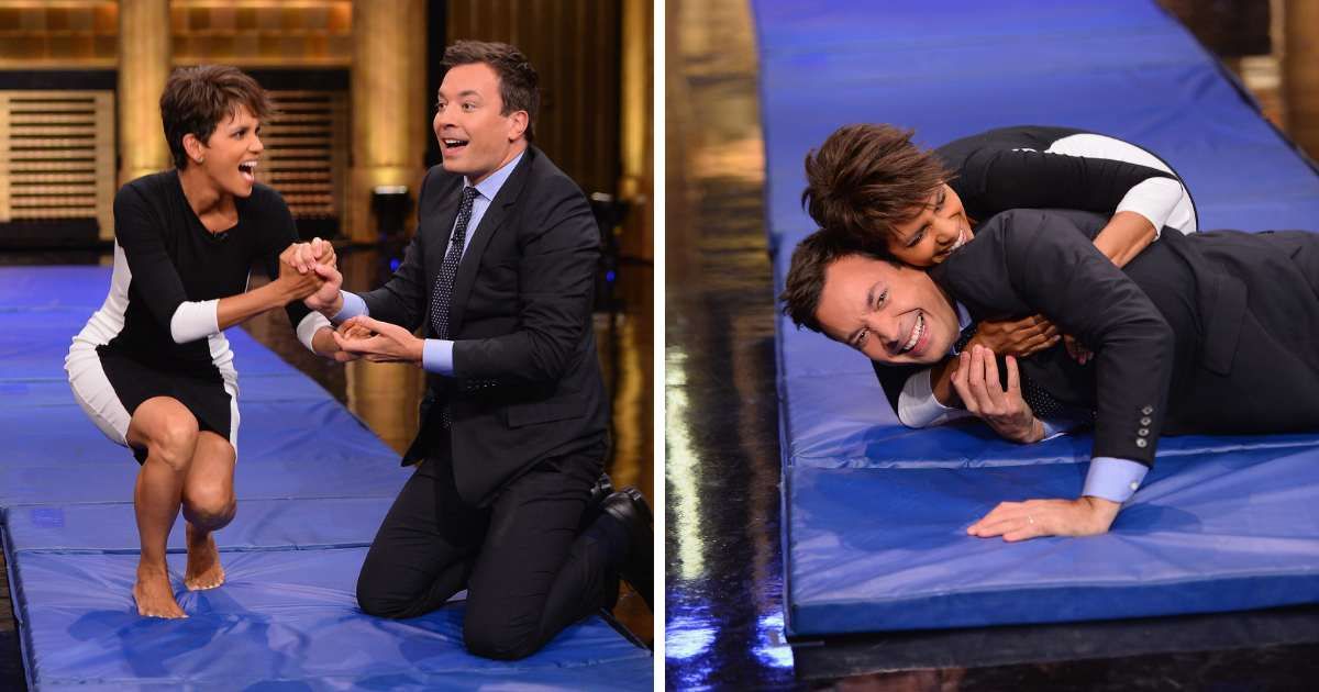 Jimmy Fallon and Halle Berry try gymnastics on a mat and things got ...