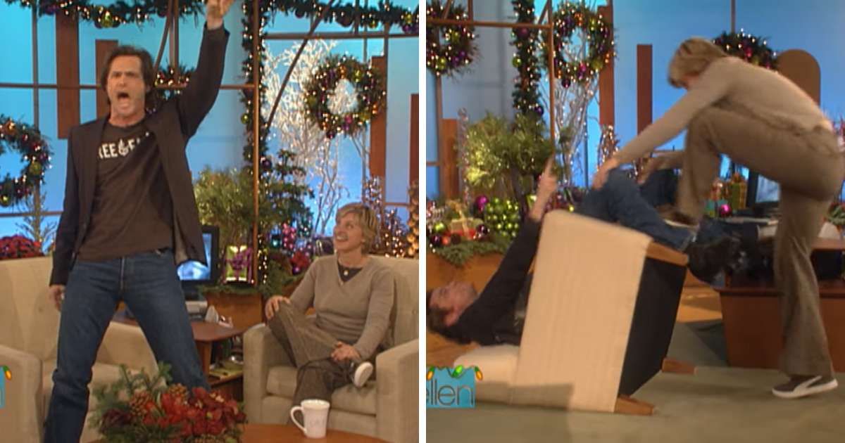 Jim Carrey’s chair weirdly flips during his wild Ellen interview in ...